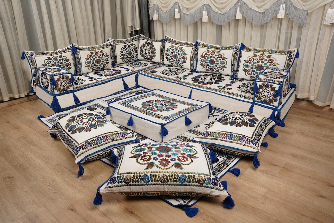 Arabic Loveseat Floor Cushion, White Arabic Majlis Sofa, Turkish Floor ...