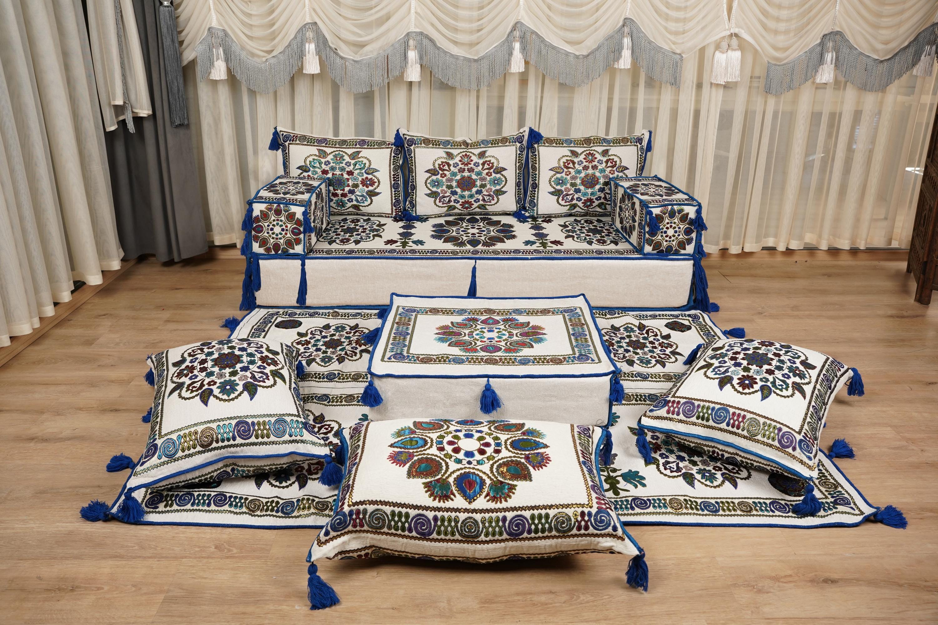 Arabic Loveseat Floor Cushion, White Arabic Majlis Sofa, Turkish Floor ...
