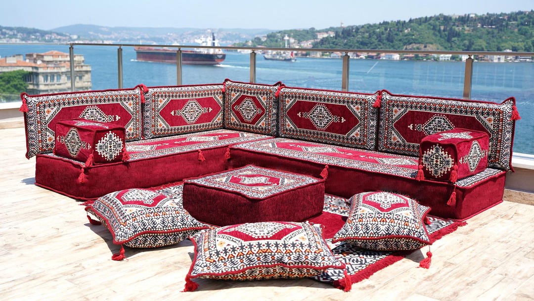 Maroon Traditional Floor Sofa Set: Arabic Majlis Seating, Kilim ...