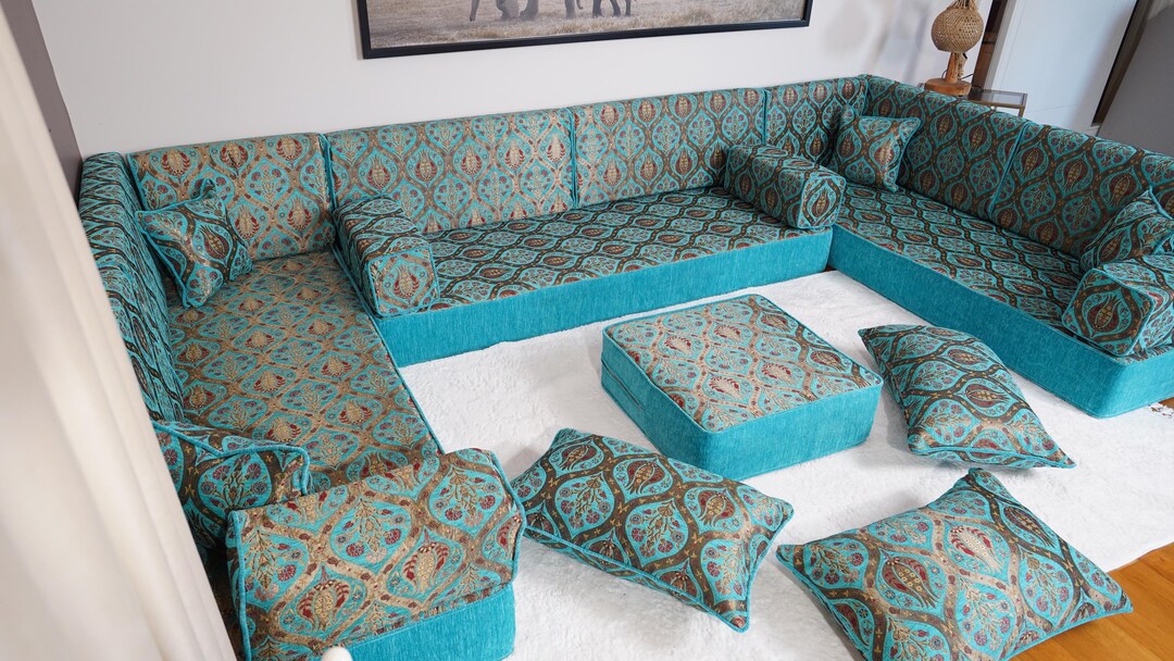 Handmade 8" Thick Arabic Majlis Set: Turquoise Boho Floor Seating, Rose ...
