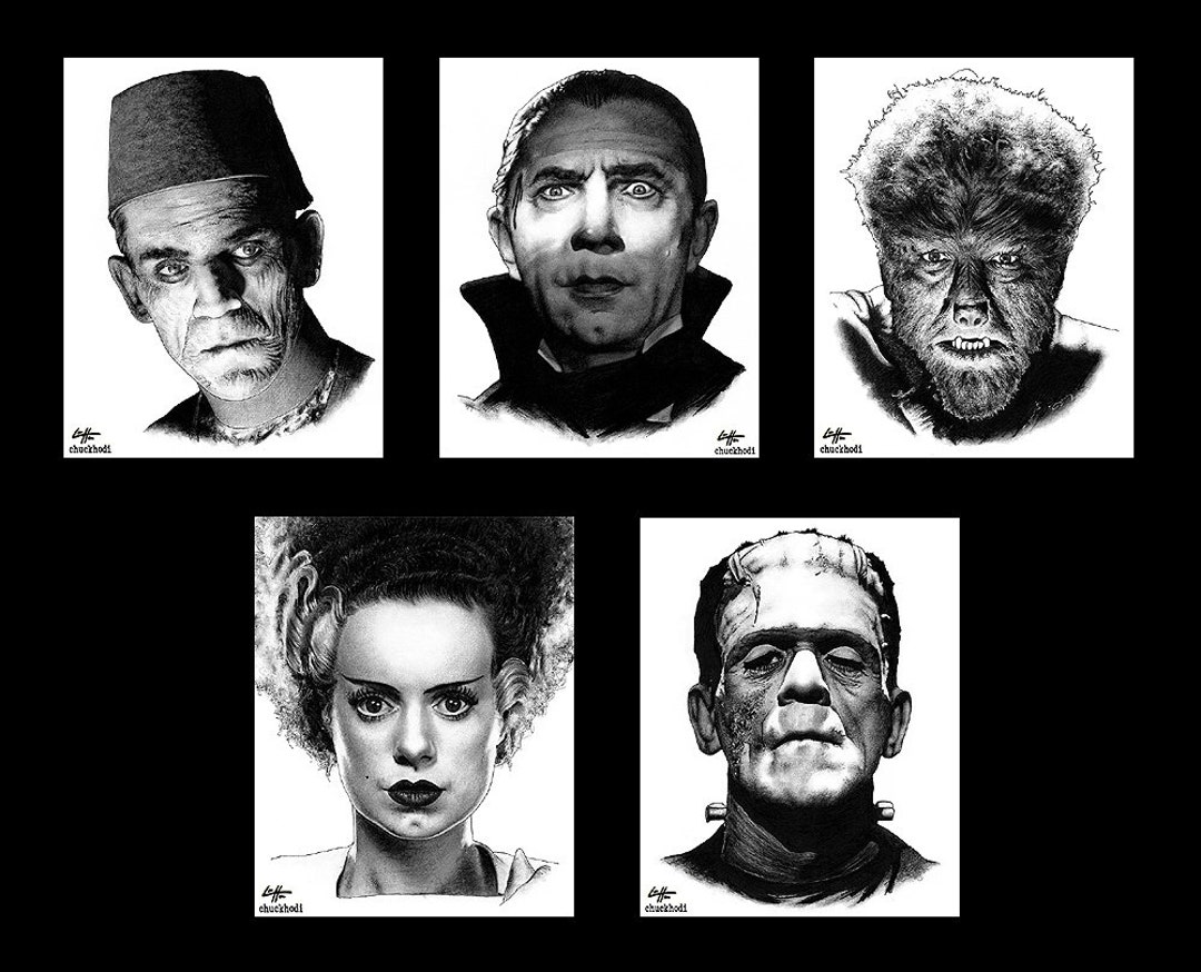 Monsters - Classic Universal Horror Dark Art Frankenstein Dracula Mummy Wolfman Vintage Spooky ...