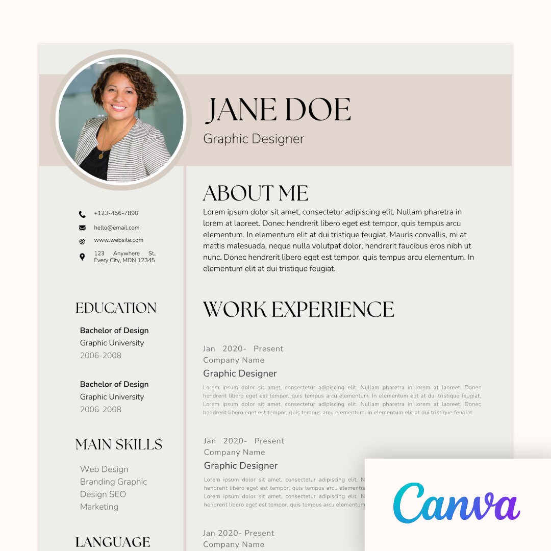 Resume Template With Photo, Professional Resume Template for Canva, CV ...