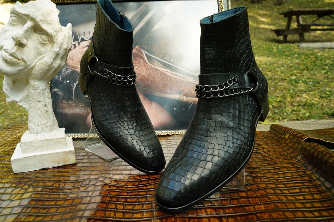 Sophisticated Black Crocodile Texture Ankle Boots With Chic Metal Chain ...