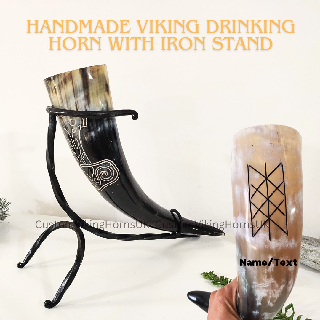 Handmade Viking Drinking Horn With Iron Stand - Personalized Norse Gift ...