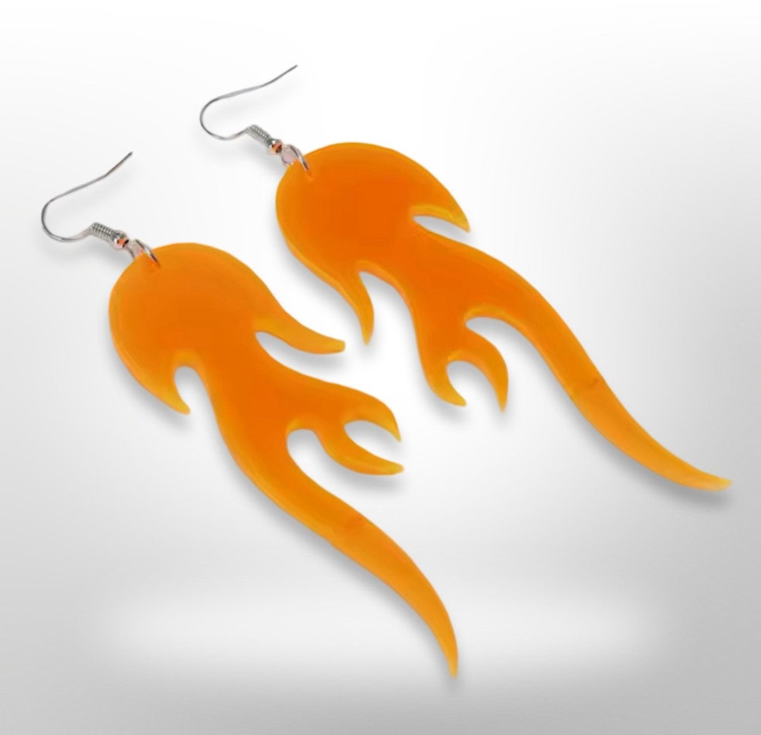 Neon Orange Clear Fire Flame Flames Statement Stud Earrings Studs for ...