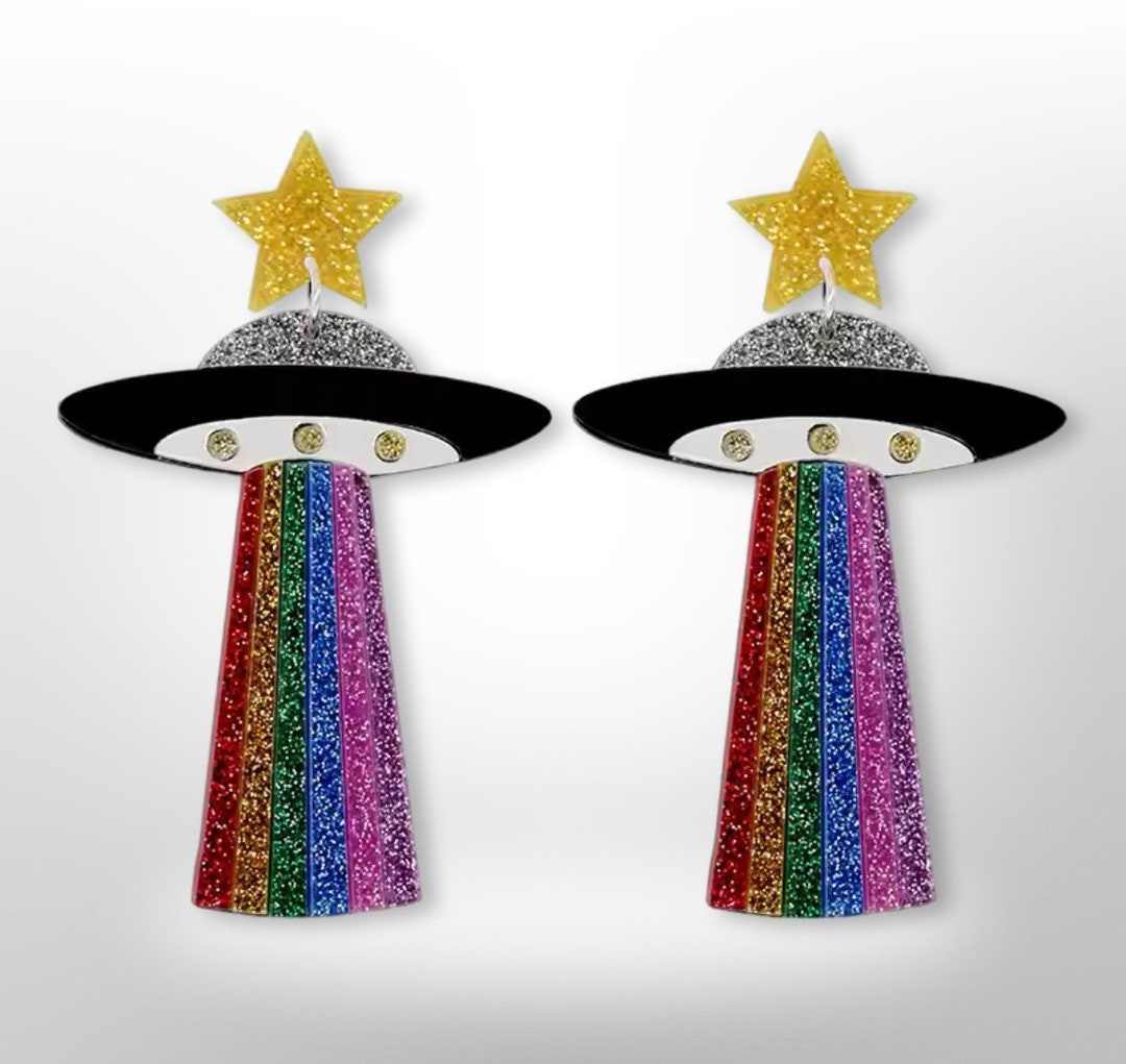 Glitter Rainbow Star Alien Space UFO Statement Stud Earrings Studs ...