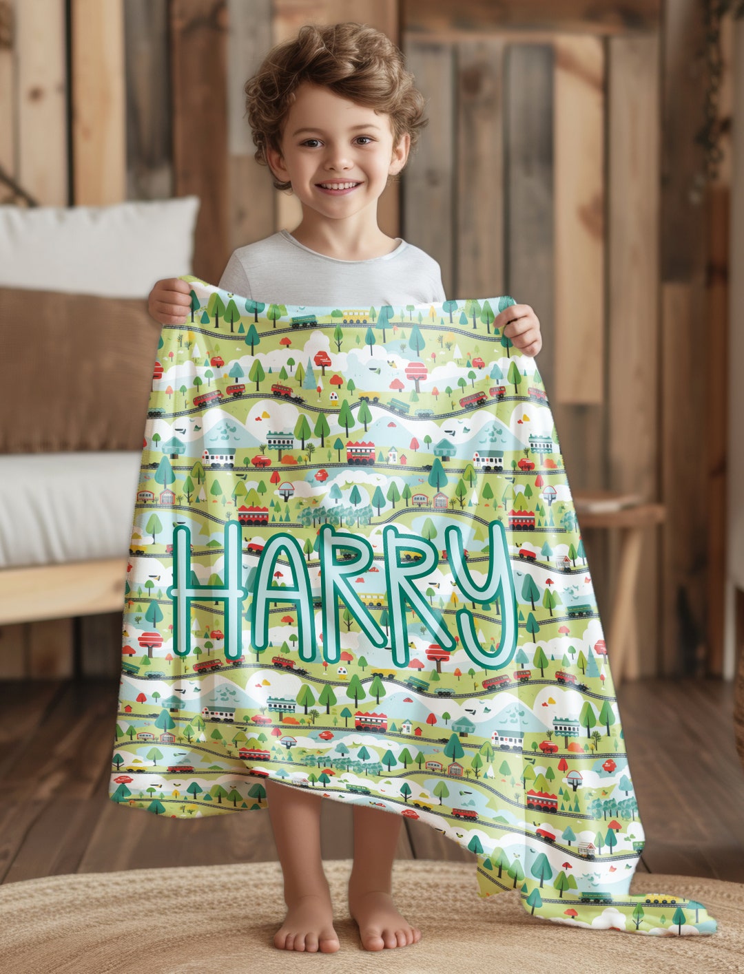 Green Blue Train Railway Trains Nursery Baby Custom Blanket ...