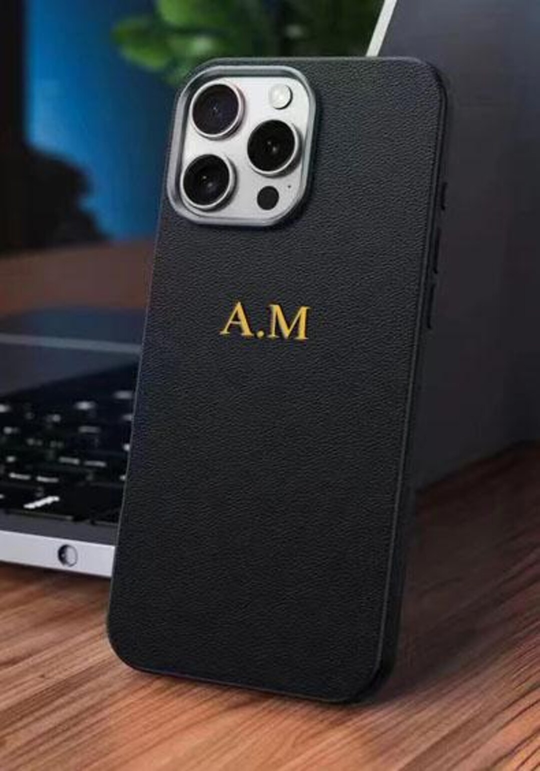 Black Hard Embossed Gold Initial Letter Faux Leather Steel iPhone Case ...