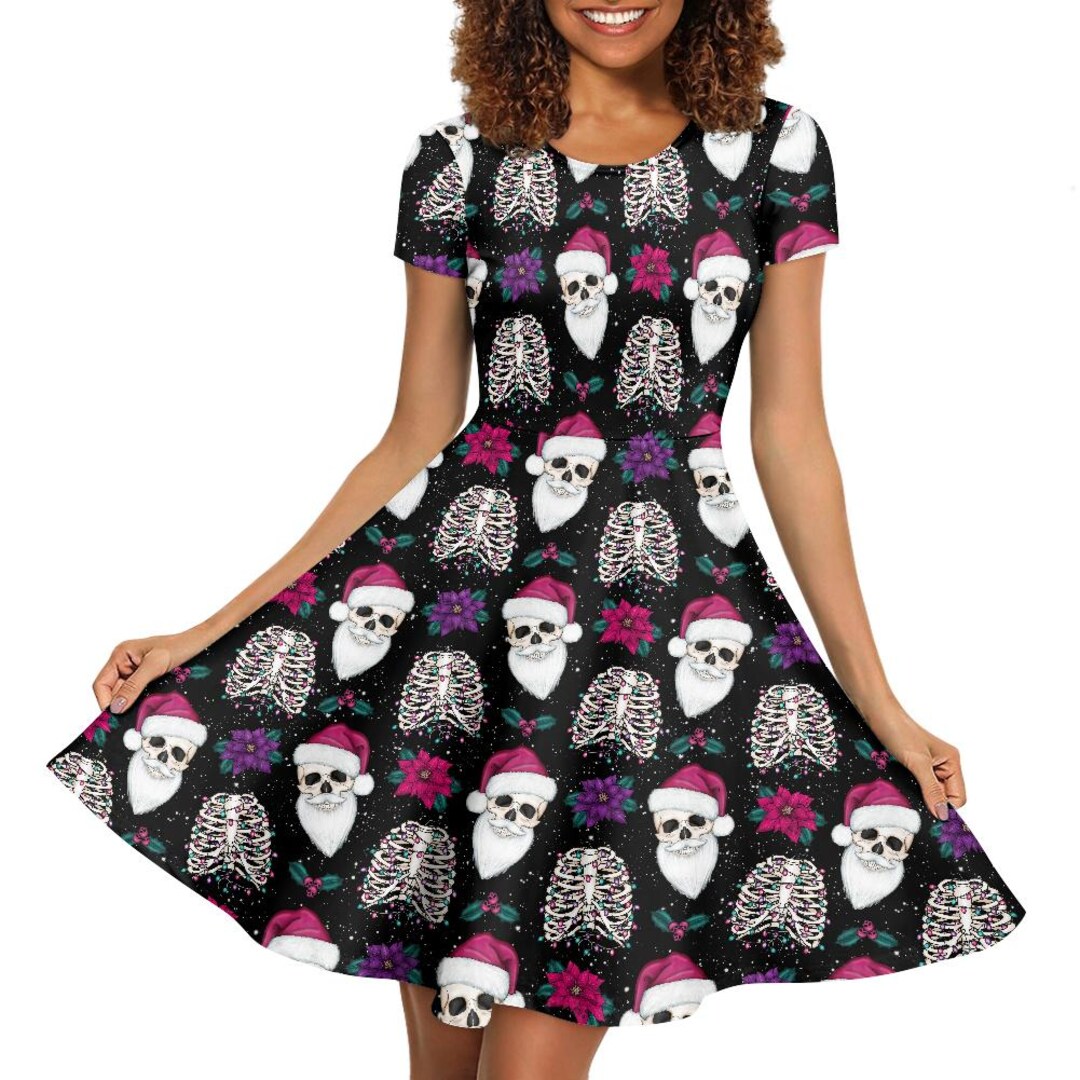 Black Gothic Skeleton Santa Red Rib Cage Christmas Midi Flared Flare ...
