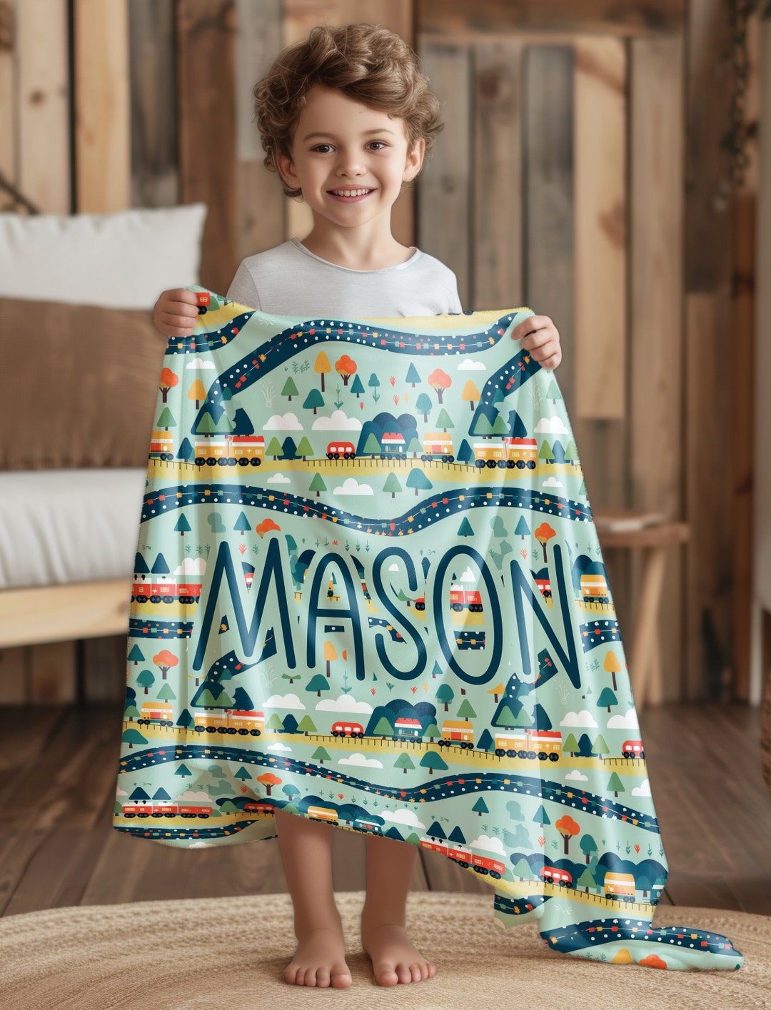 Green Blue Train Railway Trains Nursery Baby Custom Blanket ...