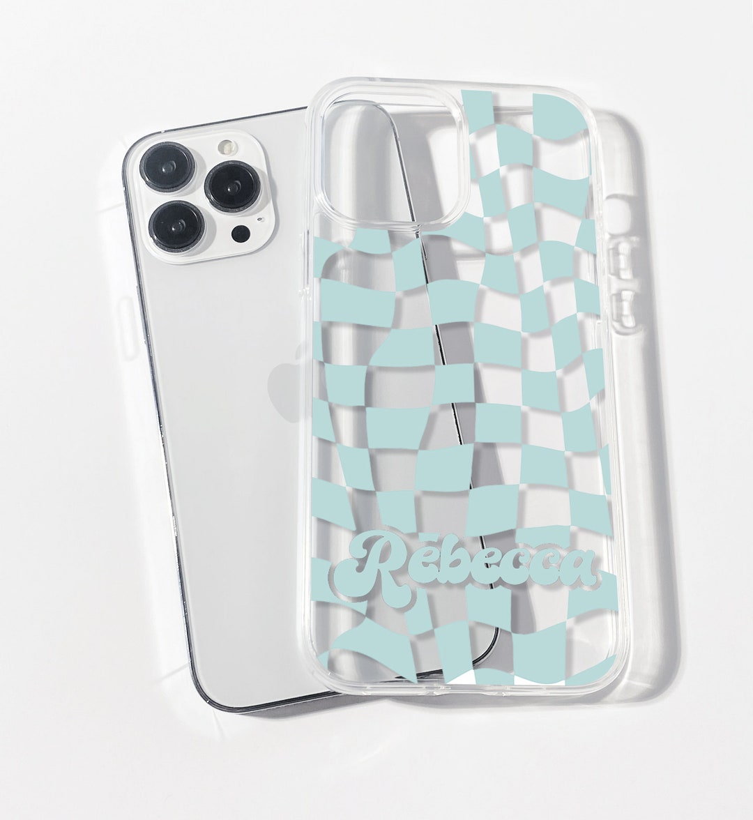 Pastel Baby Blue Wavy Check Personalized Personalised Name Clear Case ...