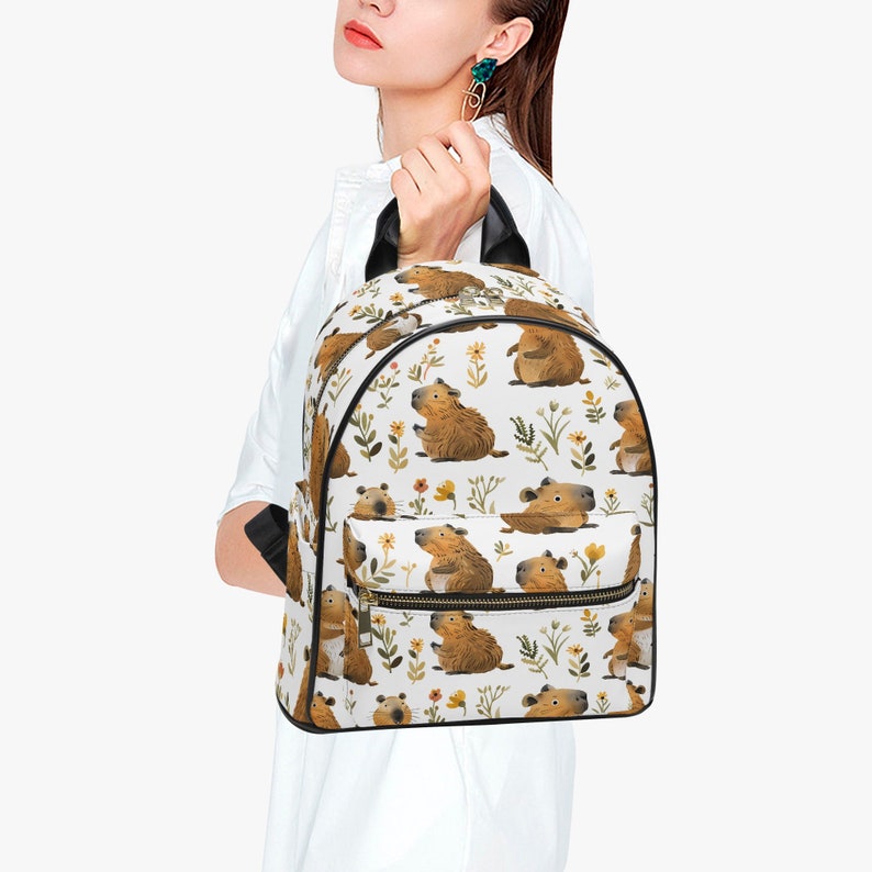 White Leaf Cute Cappy Capybara Print [ Backpack Back Pack PU Leather ...