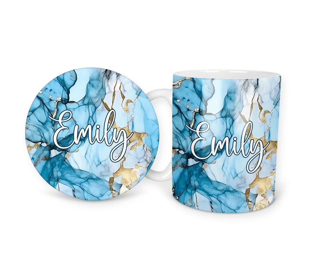 Bright Baby Blue Sea Marble Gold Script [ Mug & or Coaster Gift Set ...