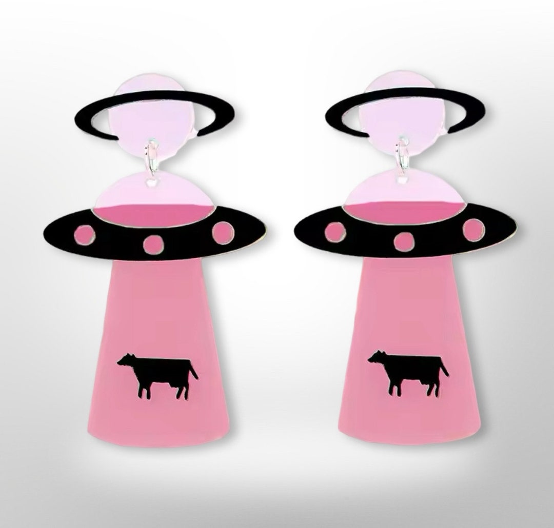 Pink Pastel Alien Cow Abduction UFO Statement Stud Earrings Studs ...