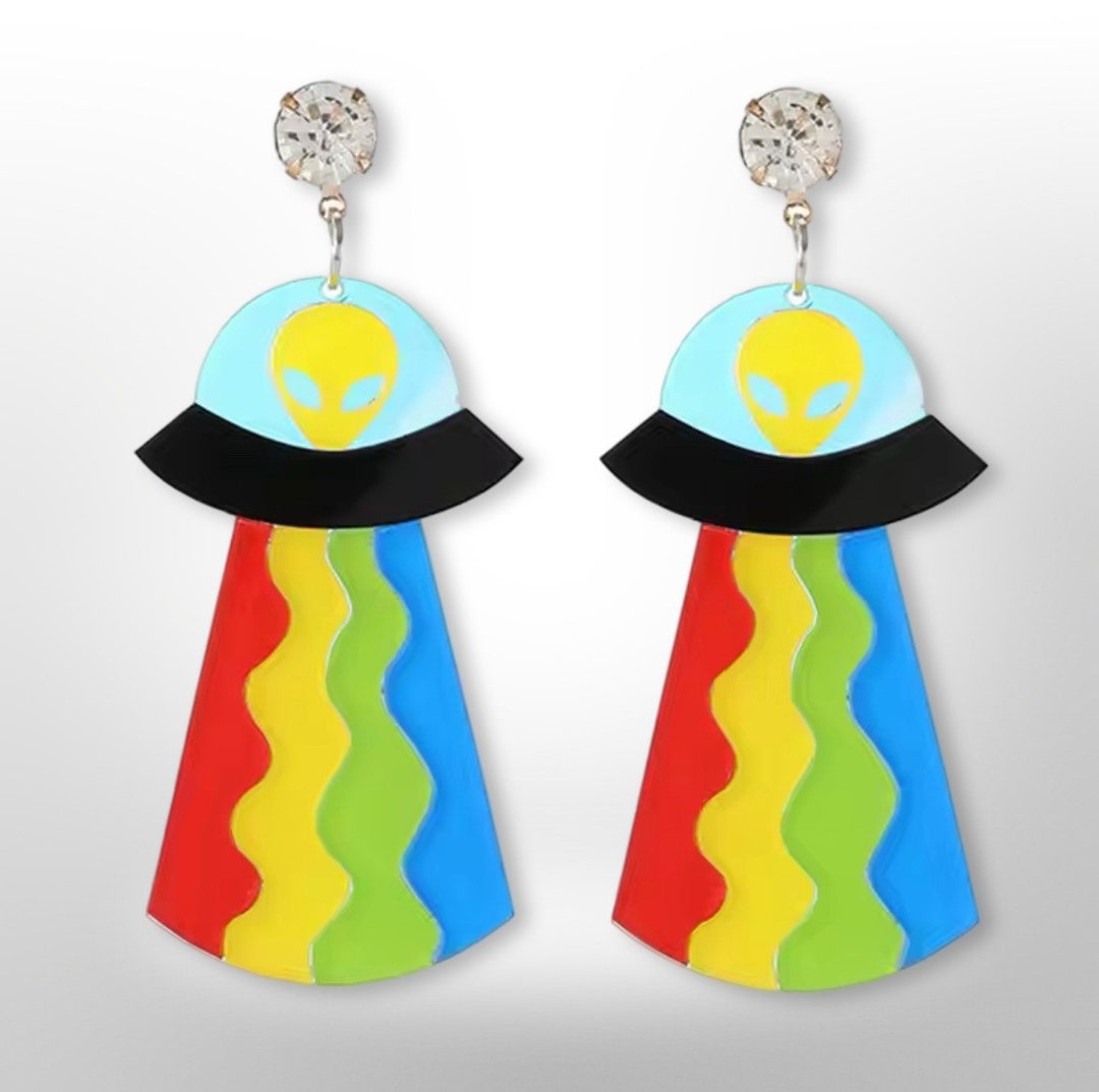 Neon Rainbow Diamond Alien Space UFO Statement Stud Earrings Studs ...