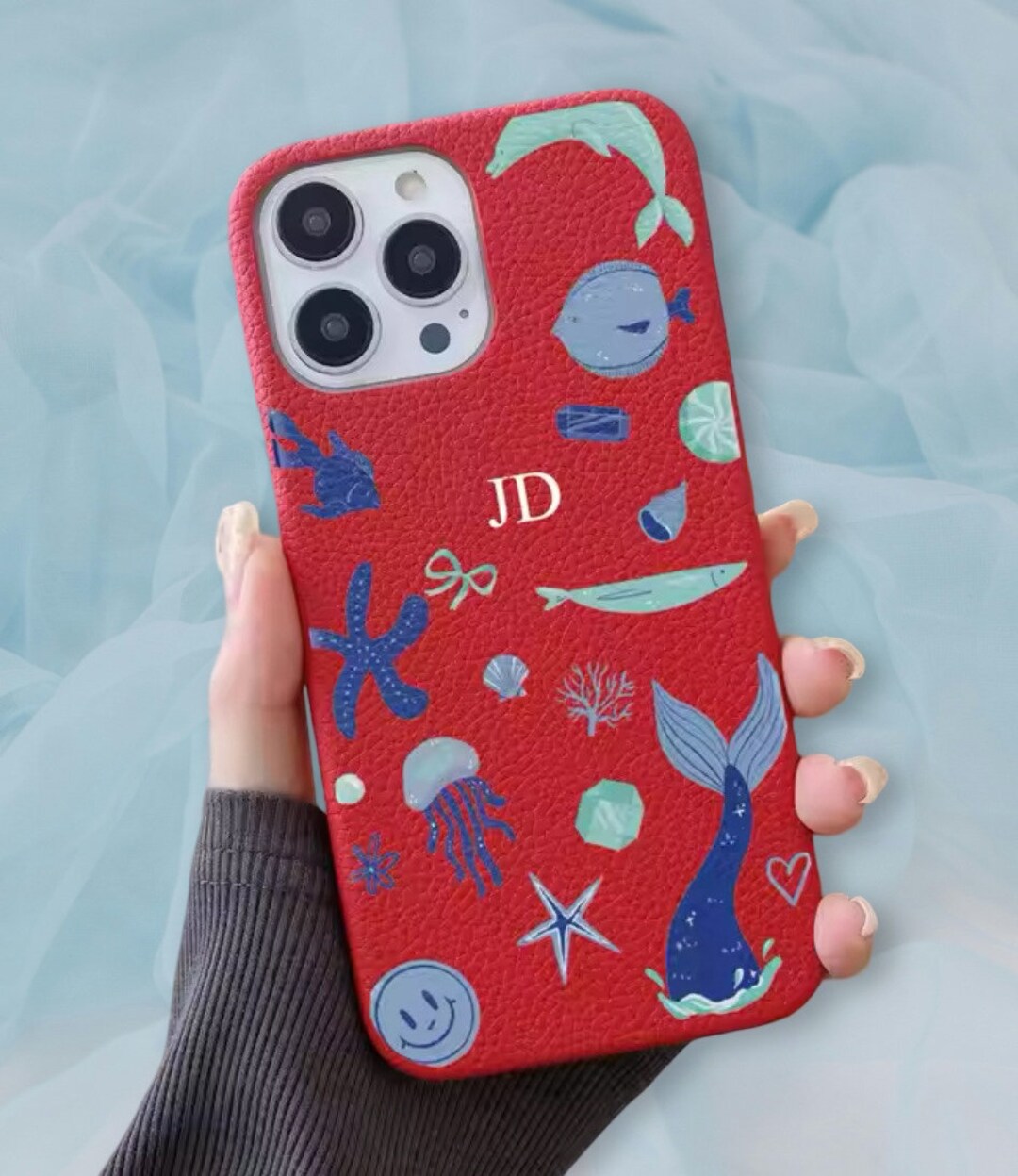 Luxury Red Nautical Blue Sea Initials Personalised Case iPhone 15 14 13 ...