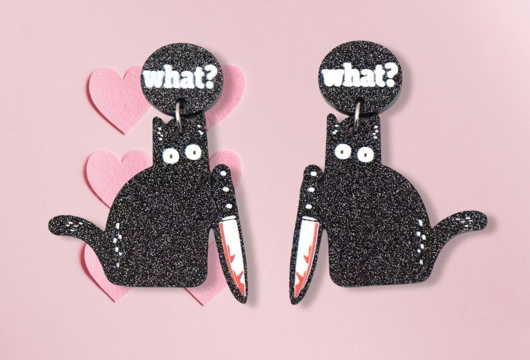 Glitter Black Cat Murder Scene Horror Earring, Studs for Pierced Ears ...
