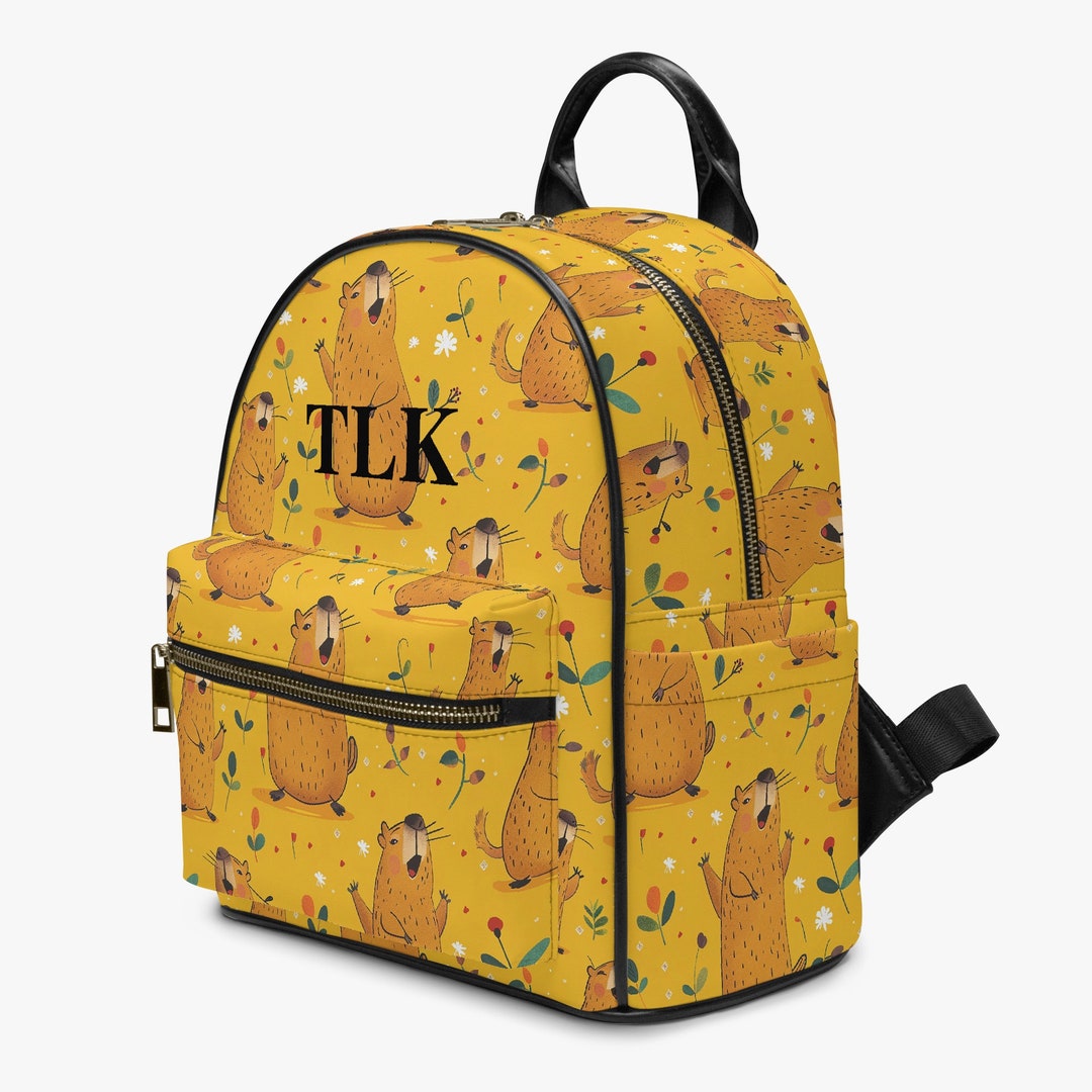 Yellow Leaf Flower Cappy Capybara Print [ Backpack Back Pack PU Leather ...