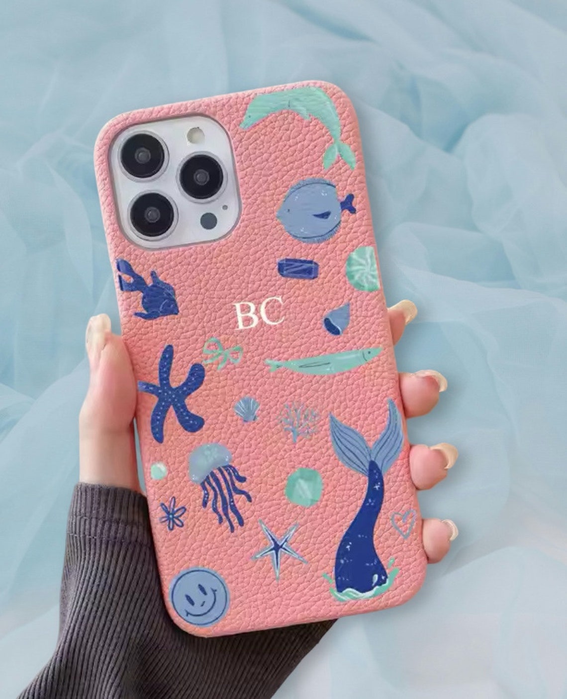 Luxury Pink Nautical Blue Sea Initials Personalised Case iPhone 15 14 ...