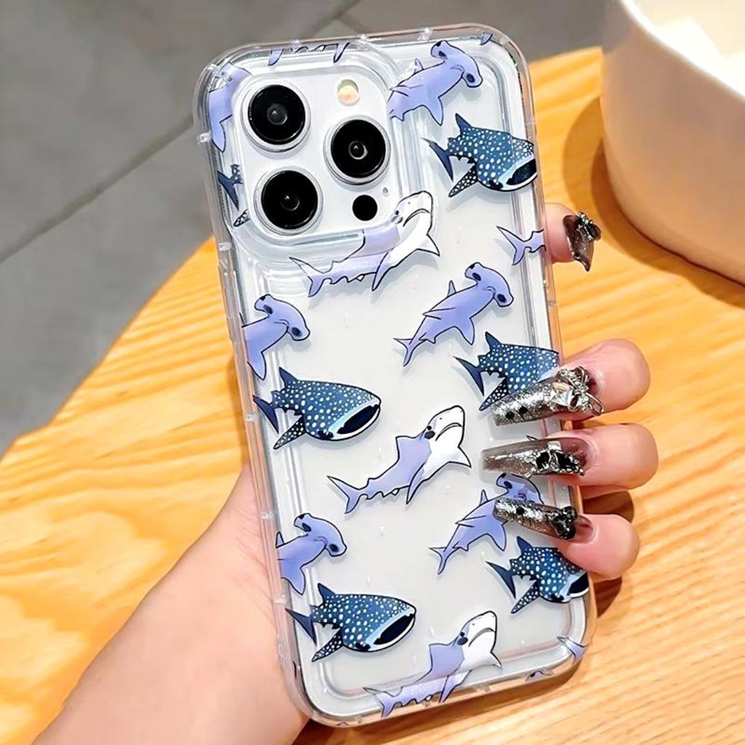 Blue White Shark Aesthetic Clear iPhone Case, for iPhone 16 15 14 13 12 ...