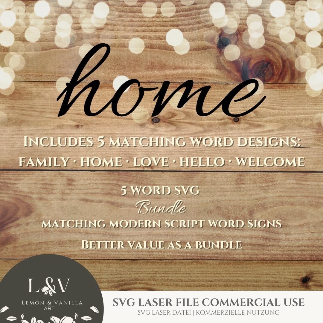 Word SVG Bundle for Laser Cutting – 5 Modern Script Word Signs | Home ...