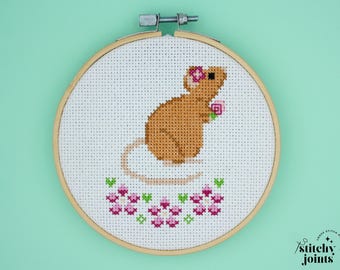 Cross Stitch Pattern - Cute Rat With Flowers, Floral Mouse Embroidery ...