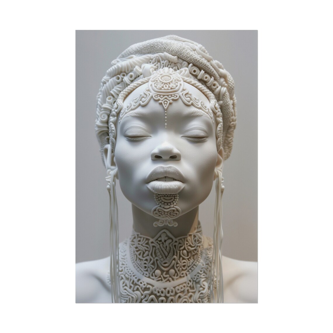 African Woman Black Figure Print, Intricate Lace, Serene Expression ...