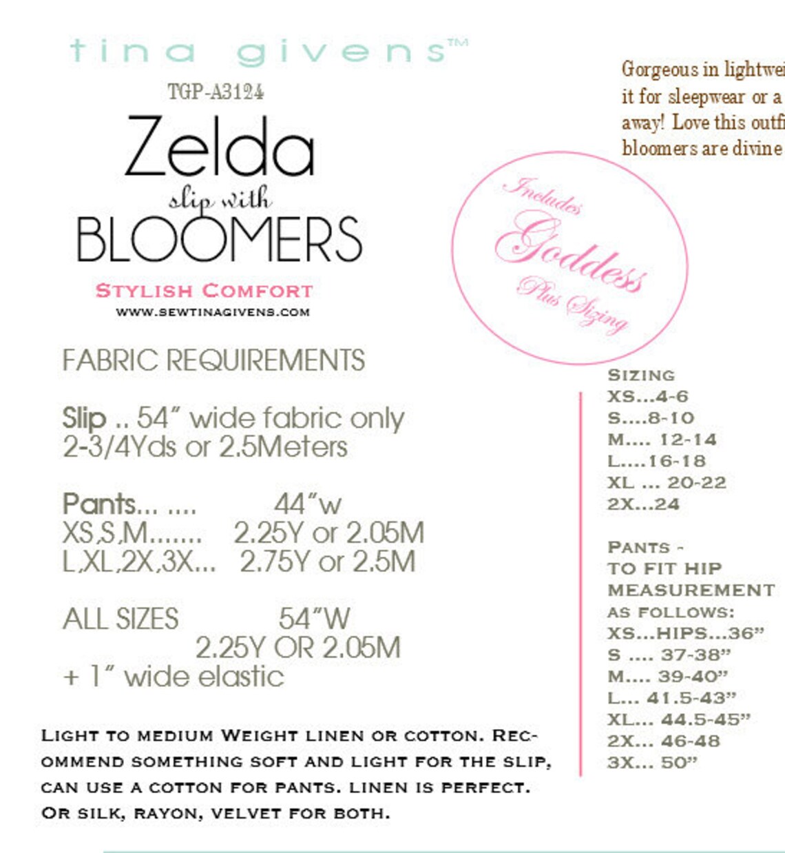 Tina Givens ZELDA SLIP & Bloomers TG-A3124 Sewing Pattern - Etsy