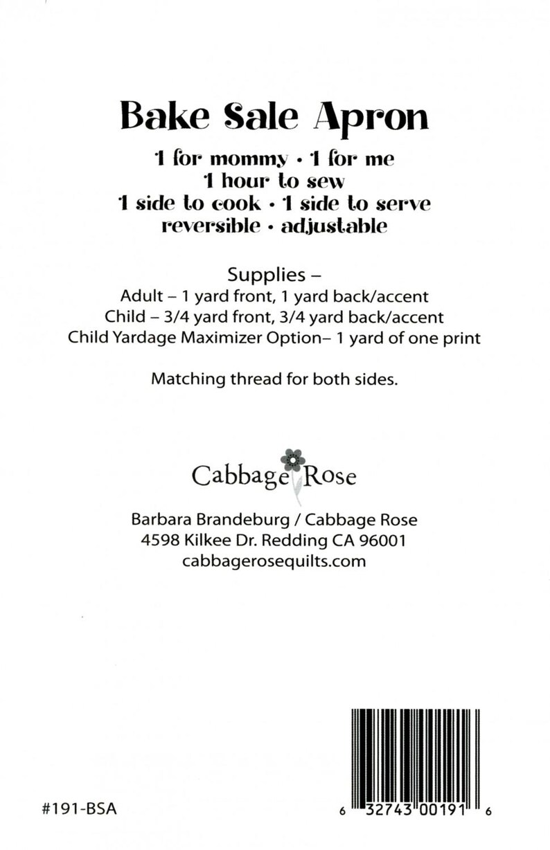 Cabbage Rose BAKE SALE Apron #191-BAKE Printed Sewing Pattern - Etsy