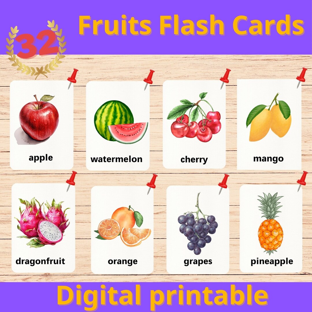 32 Fruits Flash Cards, Kids Flash Cards, Educational Printable Cards ...