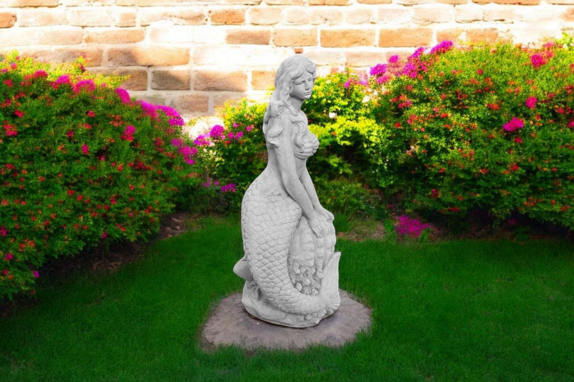 Garden Mermaid Figure 24" Concrete Sitting Girl on Stand Statue ...
