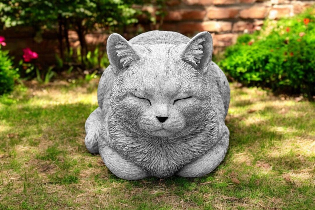 Stone Crouching Cat Figure 6" Outdoor Sleeping Kitten Sculpture ...