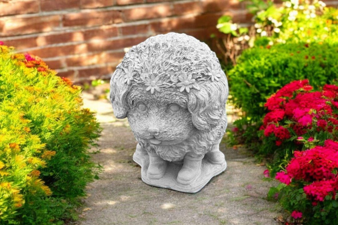 Cute Puppy Sculpture 10" Stone Dog Statue, Outdoor Puppy With Flowers ...