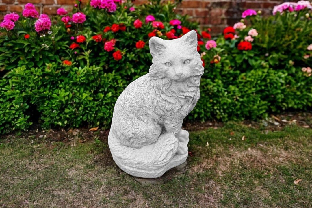 Realistic Cat Sitting Statue 11" Yard Kitten Figure, Garden Concrete ...