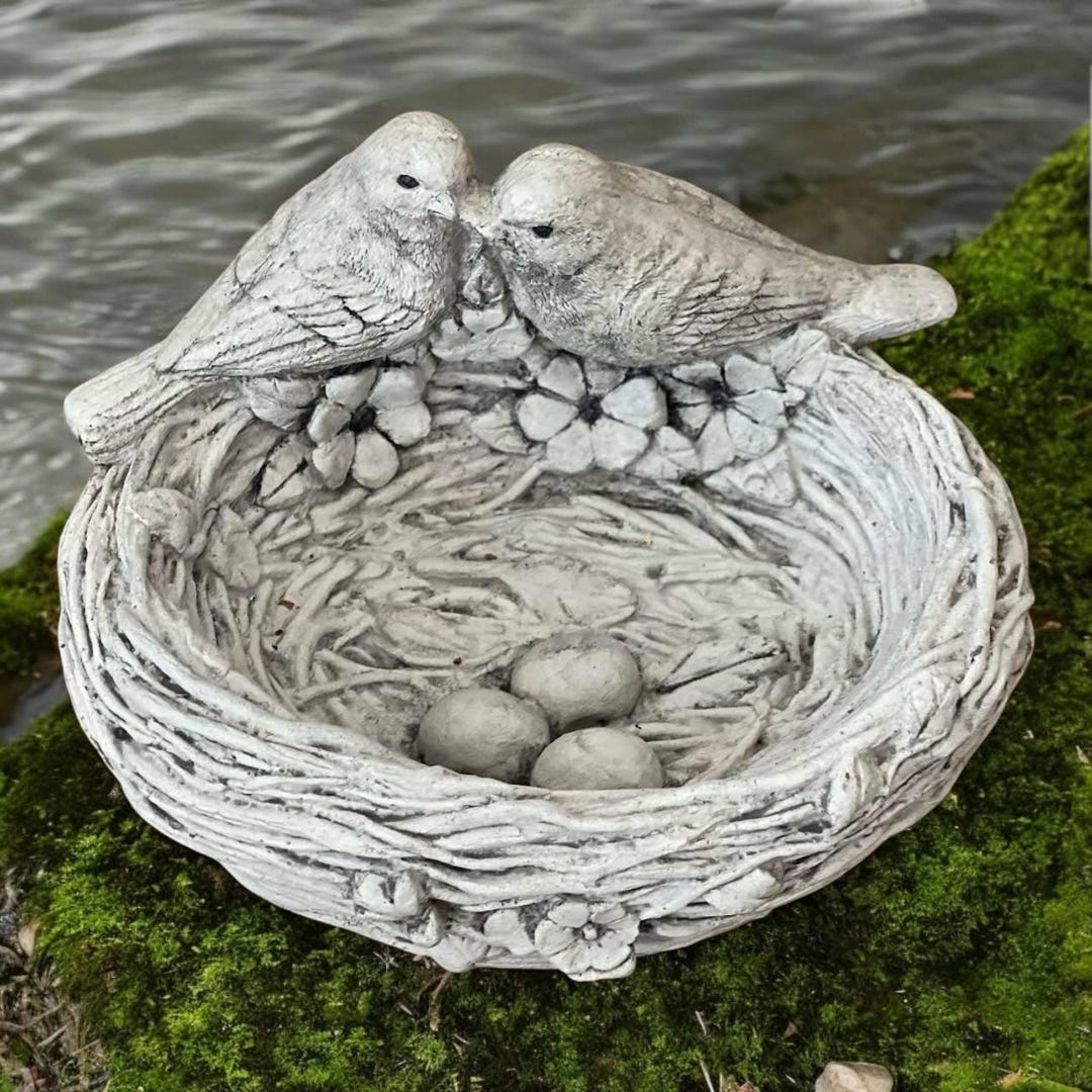 Concrete Birds Decoration 8" Outdoor Decor, Birds With Nest, Stone Pair ...
