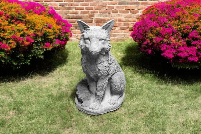 Concrete Sitting Fox Statue 19" Garden Wild Animal Figurine, Massive ...