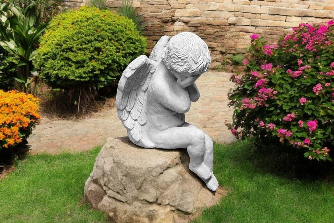 Stone Angel Sculpture 15" Religious Angel Statue, Sitting Stone Cherub ...