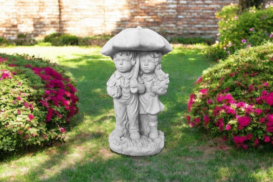 Standing Kids Under Umbrella Figure 16" Standing Boy With Girl Statue ...