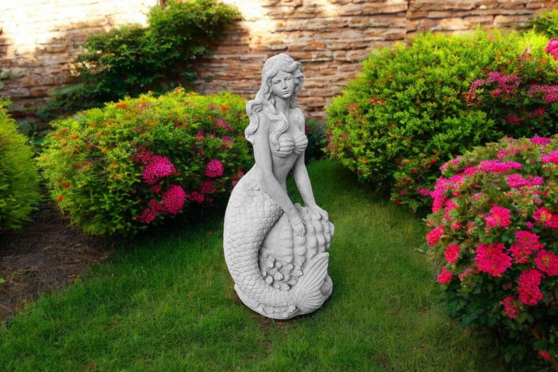 Garden Mermaid Figure 24" Concrete Sitting Girl on Stand Statue ...