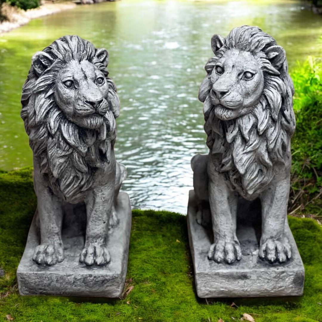 Two Lions 14" Concrete Lion Statue, Detailed Animal Figure, Lion Lover ...