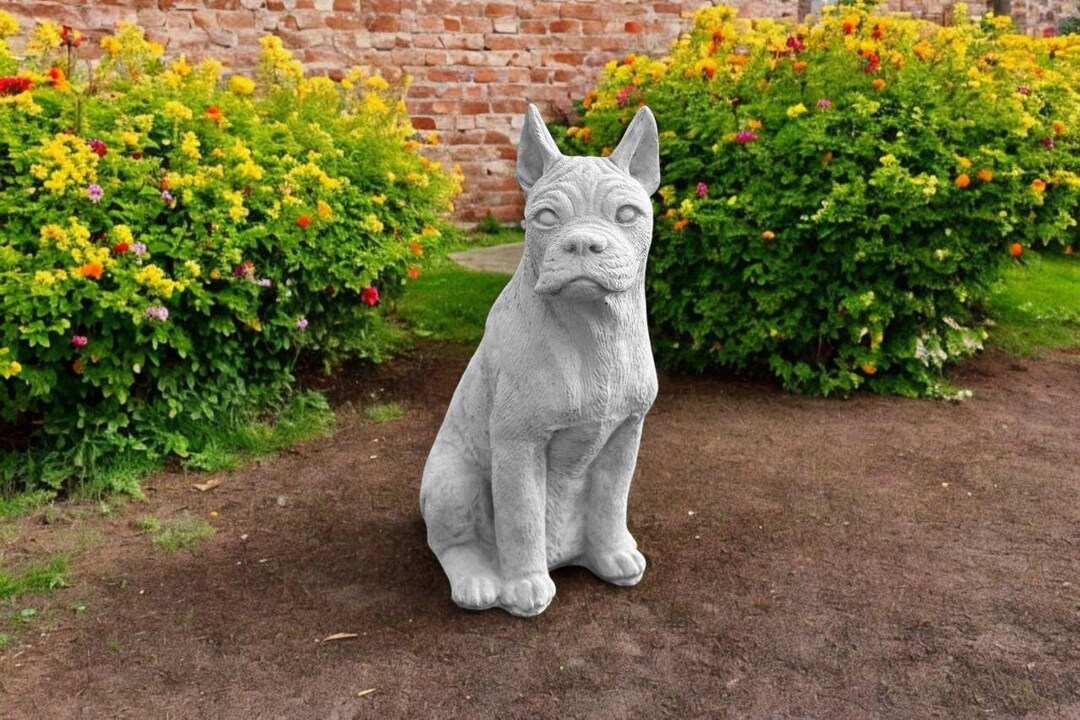 Cement Boxer Dog Statue 13" Oudoor Sitting Boxer Figure, Stone Pet ...