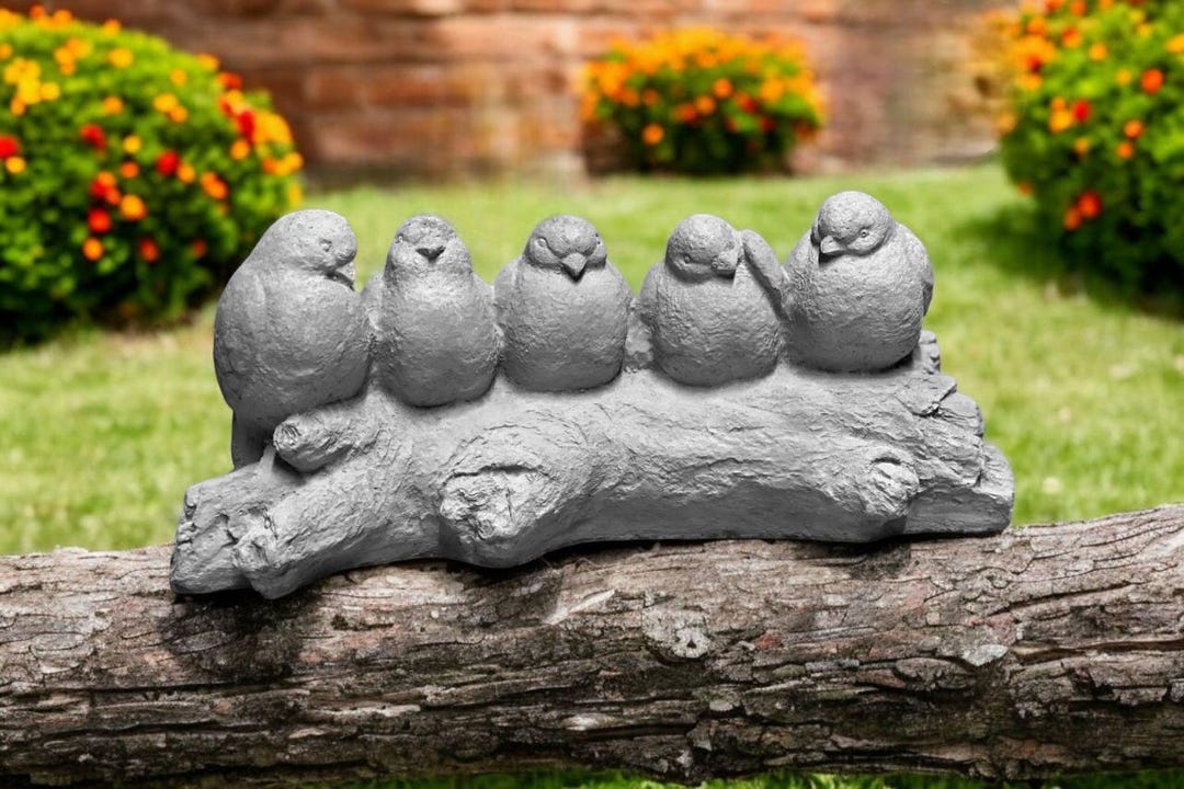 Concrete Birds on Tree Figure 6" Stone Sitting Five Bird on Stump ...