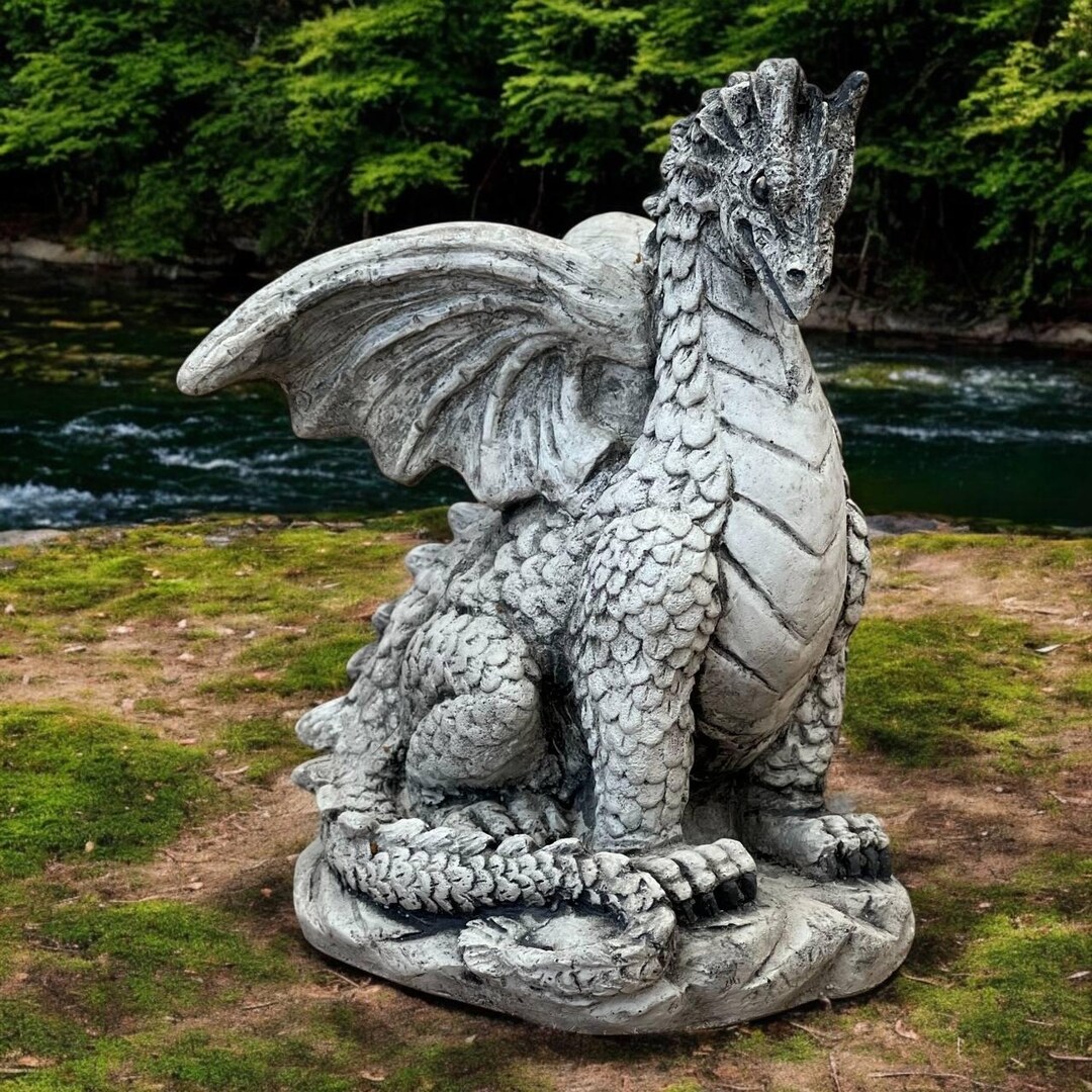 Stone Dragon Sculpture 9" Sitting Dragon With Wings, Fantasy Garden ...