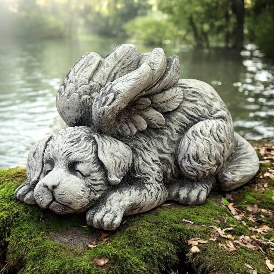 Sleeping Dog Statue 6" Concrete Dog Angel, Detailed Puppy Figurine, Pet ...