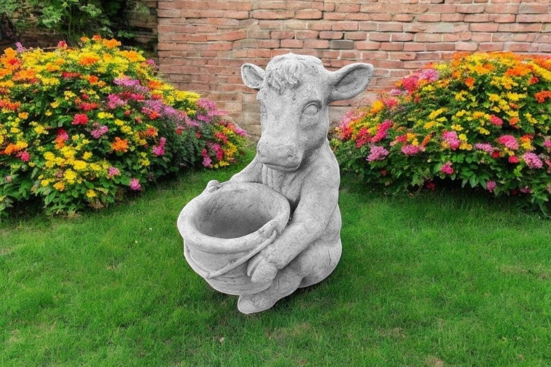 Cow With Plant Pot 13" Stone Cow Sculpture, Outdoor Flower Pot, Farm ...