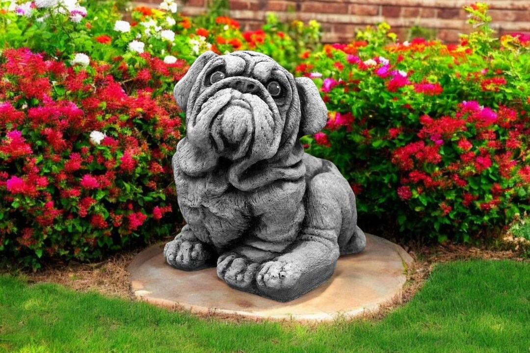 Cement Bulldog Statue 7" Detailed Sitting Dog Figure, Garden or Outdoor ...