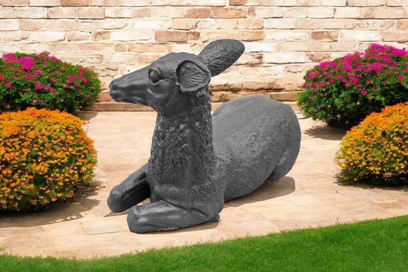 Concrete Black Deer Statue 14" Garden Black Fawn Sculpture, Stone Farm ...