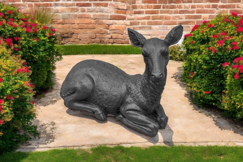 Concrete Black Deer Statue 14" Garden Black Fawn Sculpture, Stone Farm ...
