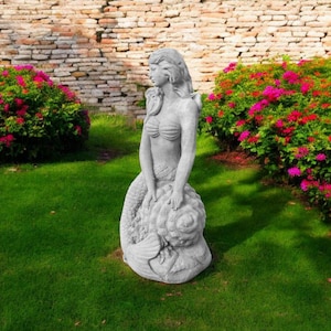 Garden Mermaid Figure 24" Concrete Sitting Girl on Stand Statue ...
