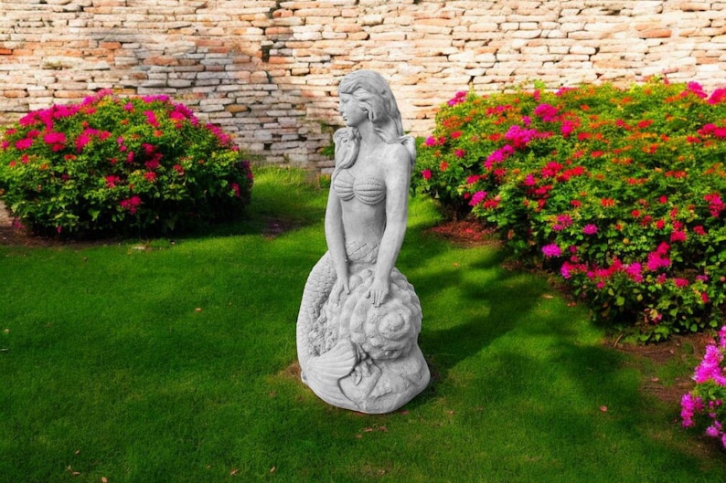 Garden Mermaid Figure 24" Concrete Sitting Girl on Stand Statue ...